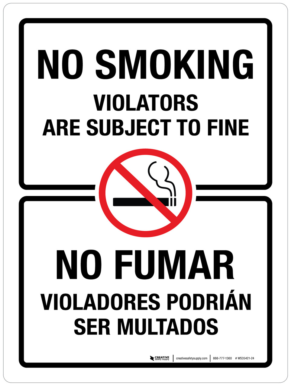 No Smoking Violators Are Subject To Fine Bilingual Portrait - Wall Sign ...