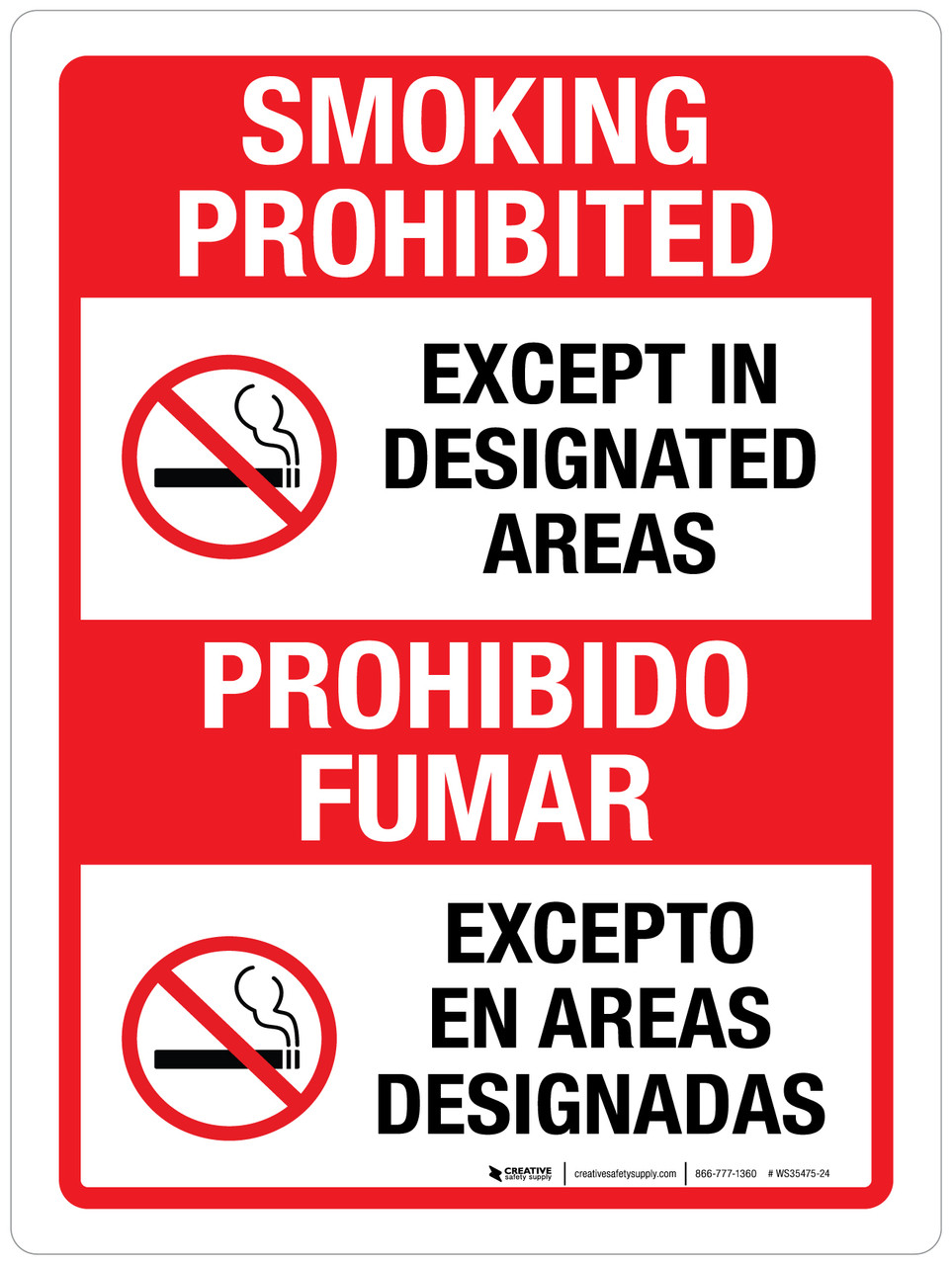 Smoking Prohibited Except in Designated Areas Bilingual Portrait - Wall ...