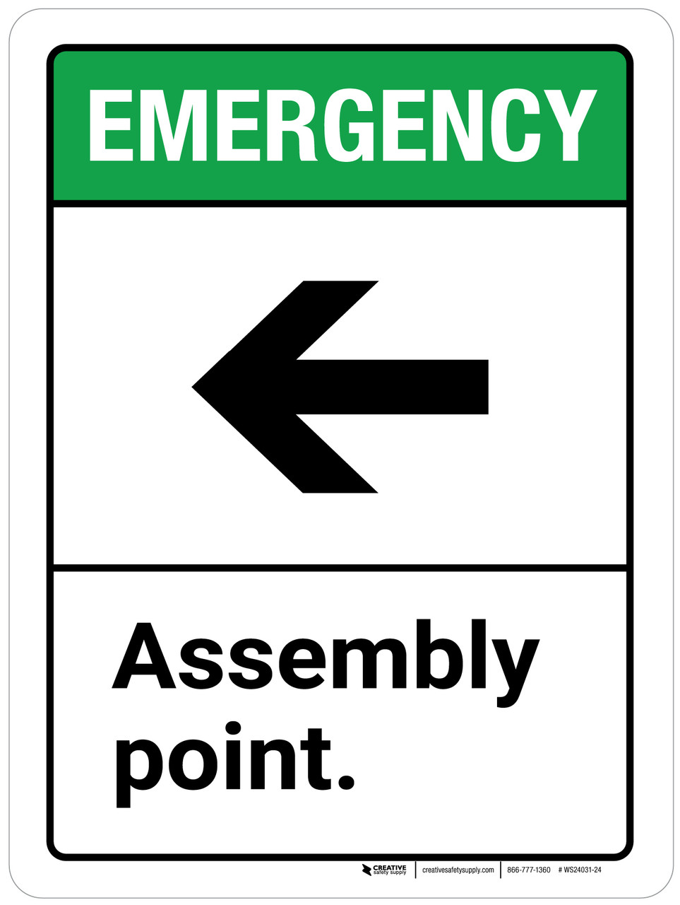 Emergency: Assembly Point with Left Arrow ANSI Portrait - Wall Sign ...
