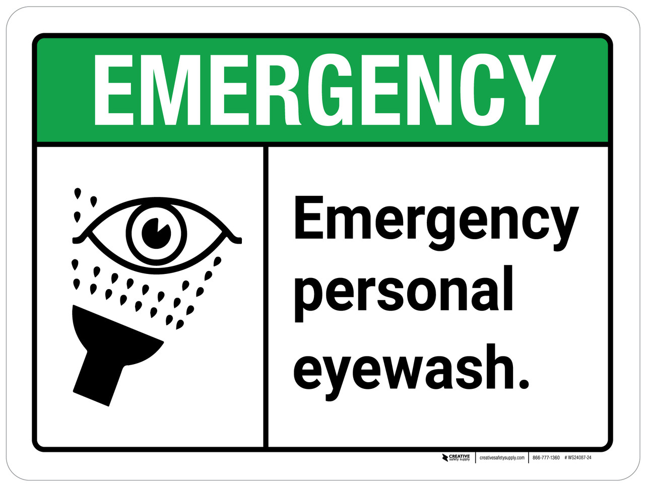 Emergency: Emergency Personal Eyewash ANSI Landscape - Wall Sign ...