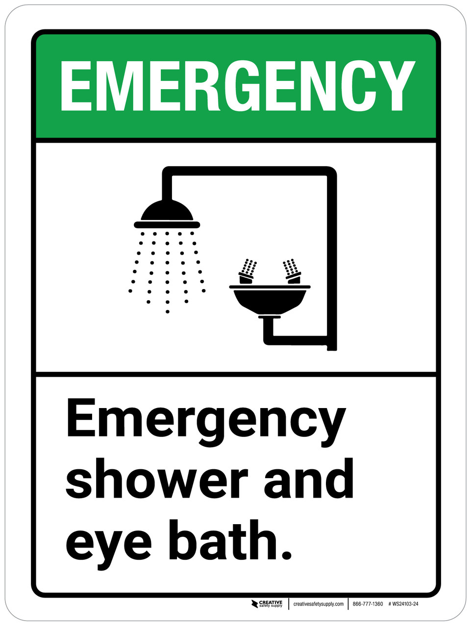 Emergency: Emergency Shower and Eye Bath ANSI Portrait - Wall Sign ...