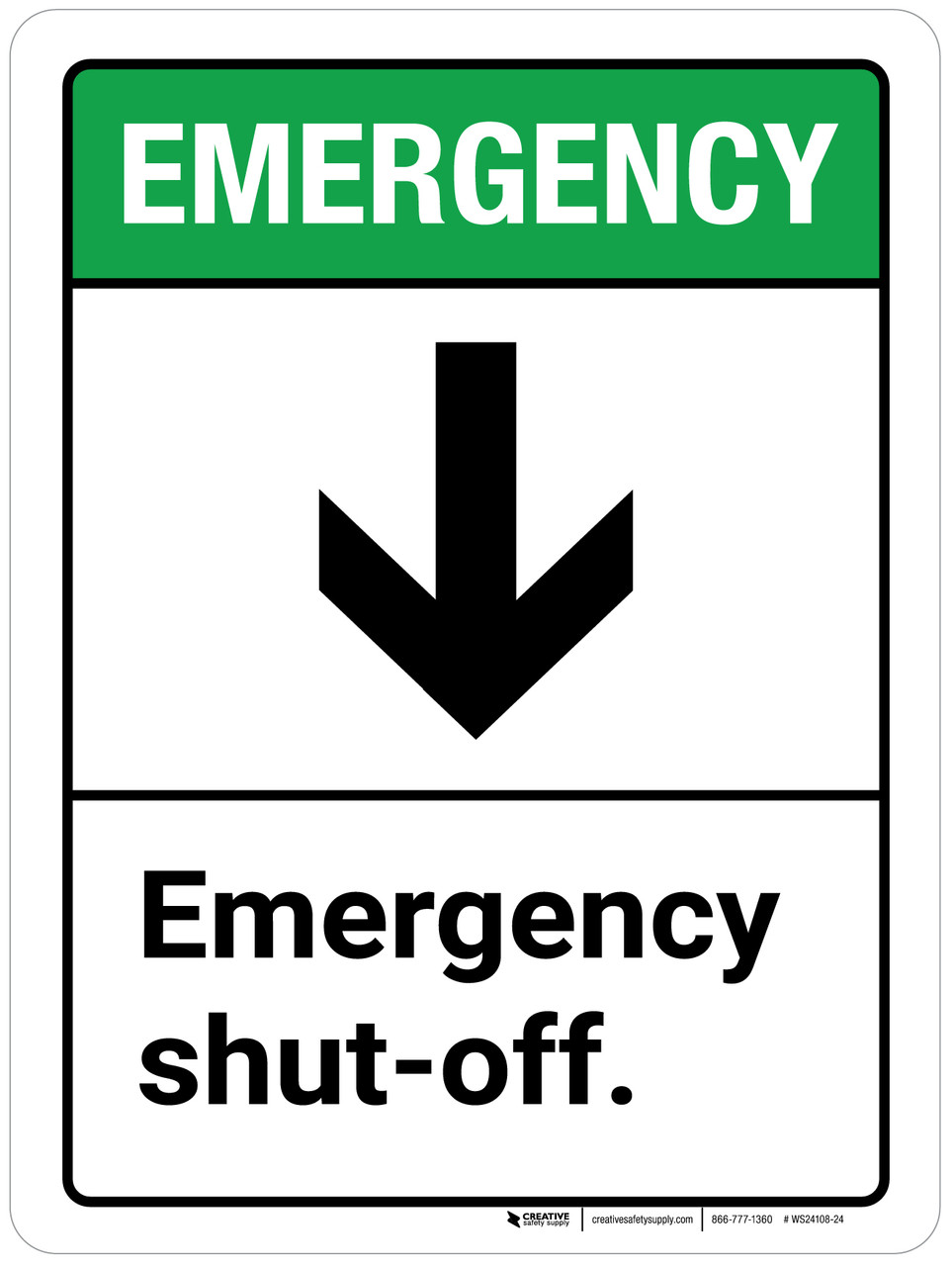 Emergency: Emergency Shut-Off with Down Arrow ANSI Portrait - Wall Sign ...