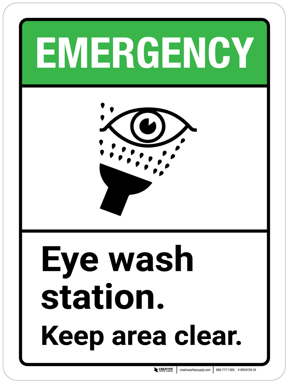 Emergency: Eye Wash Station Keep Area Clear ANSI Portrait - Wall Sign ...