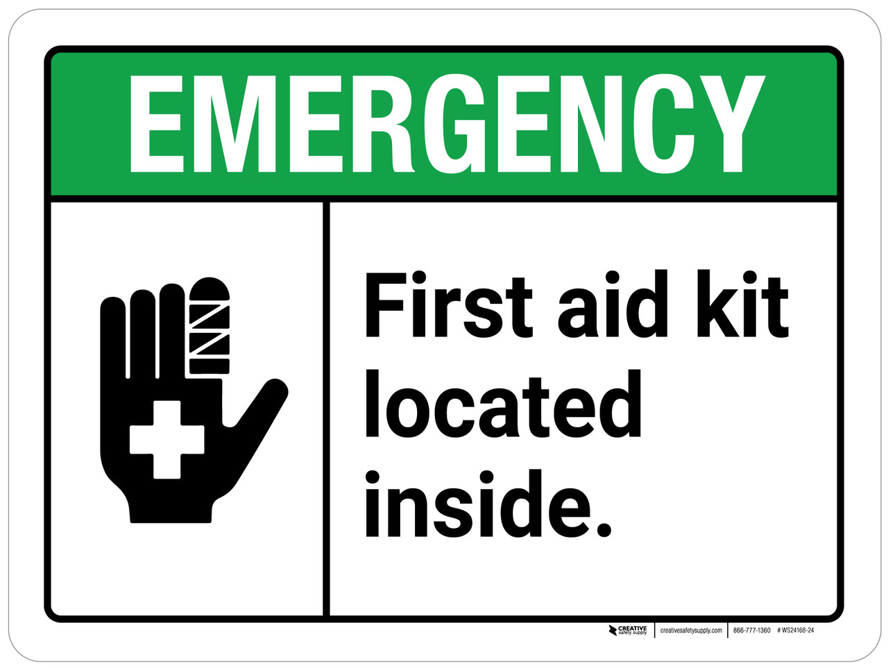 Emergency: First Aid Kit Located Inside ANSI Landscape - Wall Sign