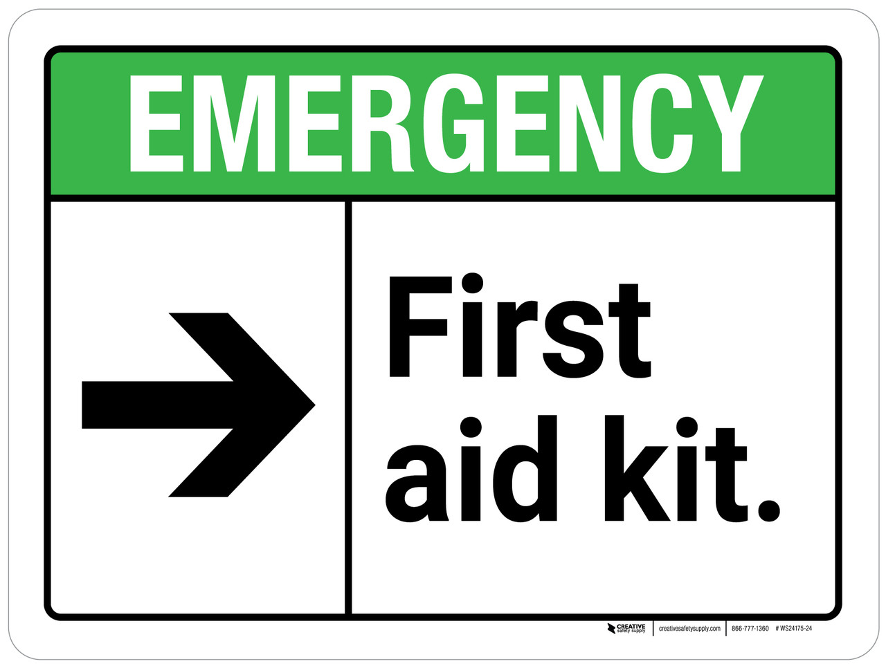 Emergency: First Aid Kit with Right Arrow ANSI Landscape - Wall Sign