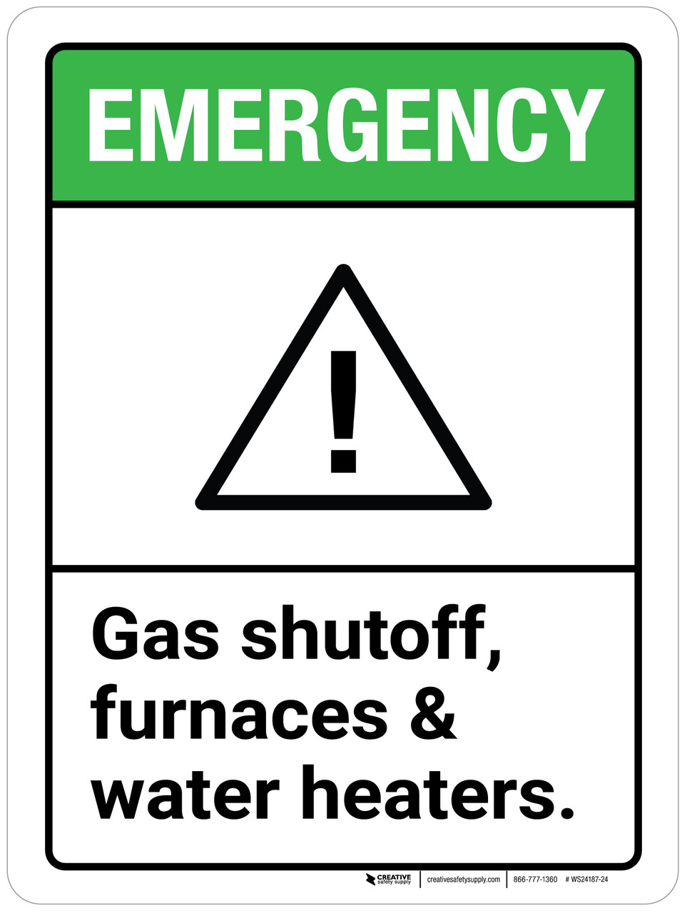 Emergency: Gas Shutoff Furnaces & Water Heaters ANSI Portrait - Wall Sign