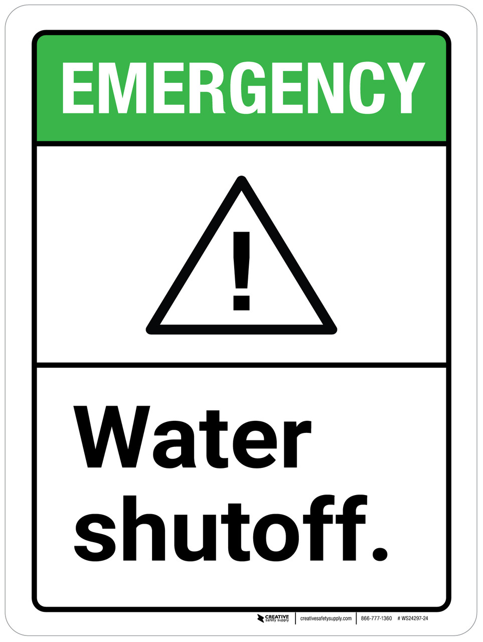 Emergency: Water Shutoff ANSI Portrait - Wall Sign | Creative Safety Supply