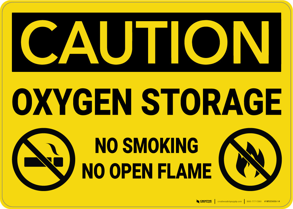 Caution Oxygen Storage No Smoking Open Flame With Graphic Wall Sign Caution Oxygen Storage No Smoking Open Flame With Graphic Wall Sign
