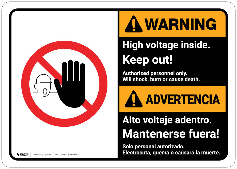Warning: High Voltage Inside Keep Out Landscape Bilingual Spanish ...