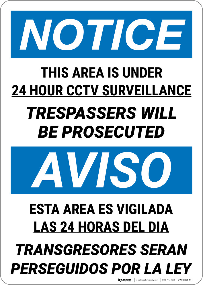 Notice: Hour CCTVBilingual Spanish - Wall Sign