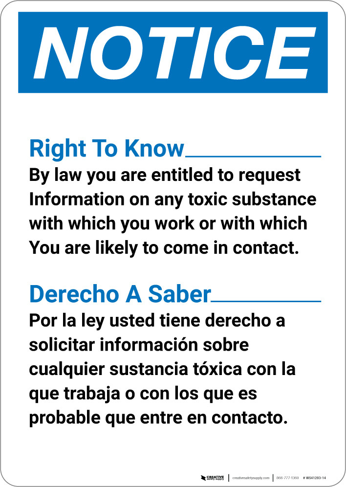 Notice: Sign Right To Know Bilingual Spanish - Wall Sign