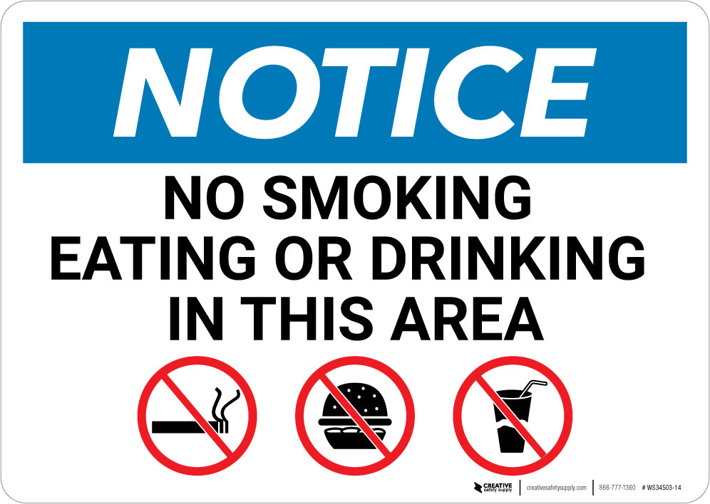 Notice: No Smoking Eating Or Drinking In This Area with Icons - Wall Sign