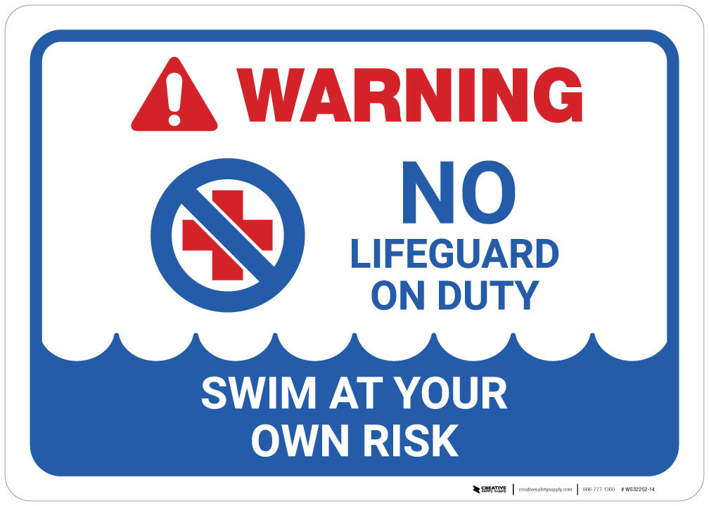Warning: No Lifeguard on Duty with Icon Landscape - Wall Sign ...
