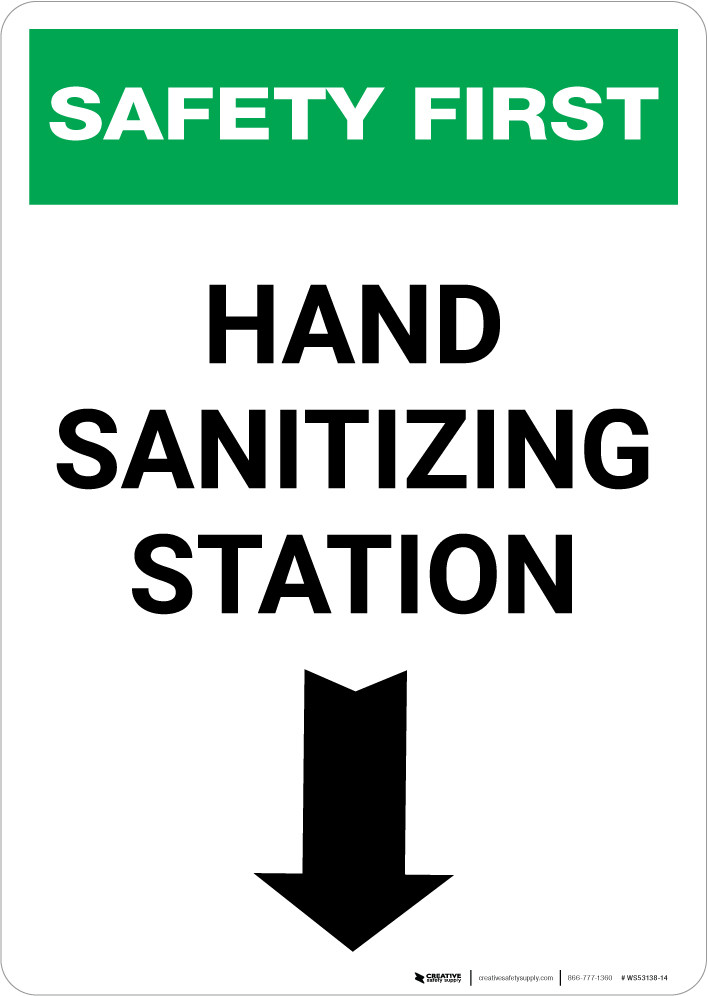Safety First: Hand Sanitizing Station Below with Arrow Portrait - Wall Sign