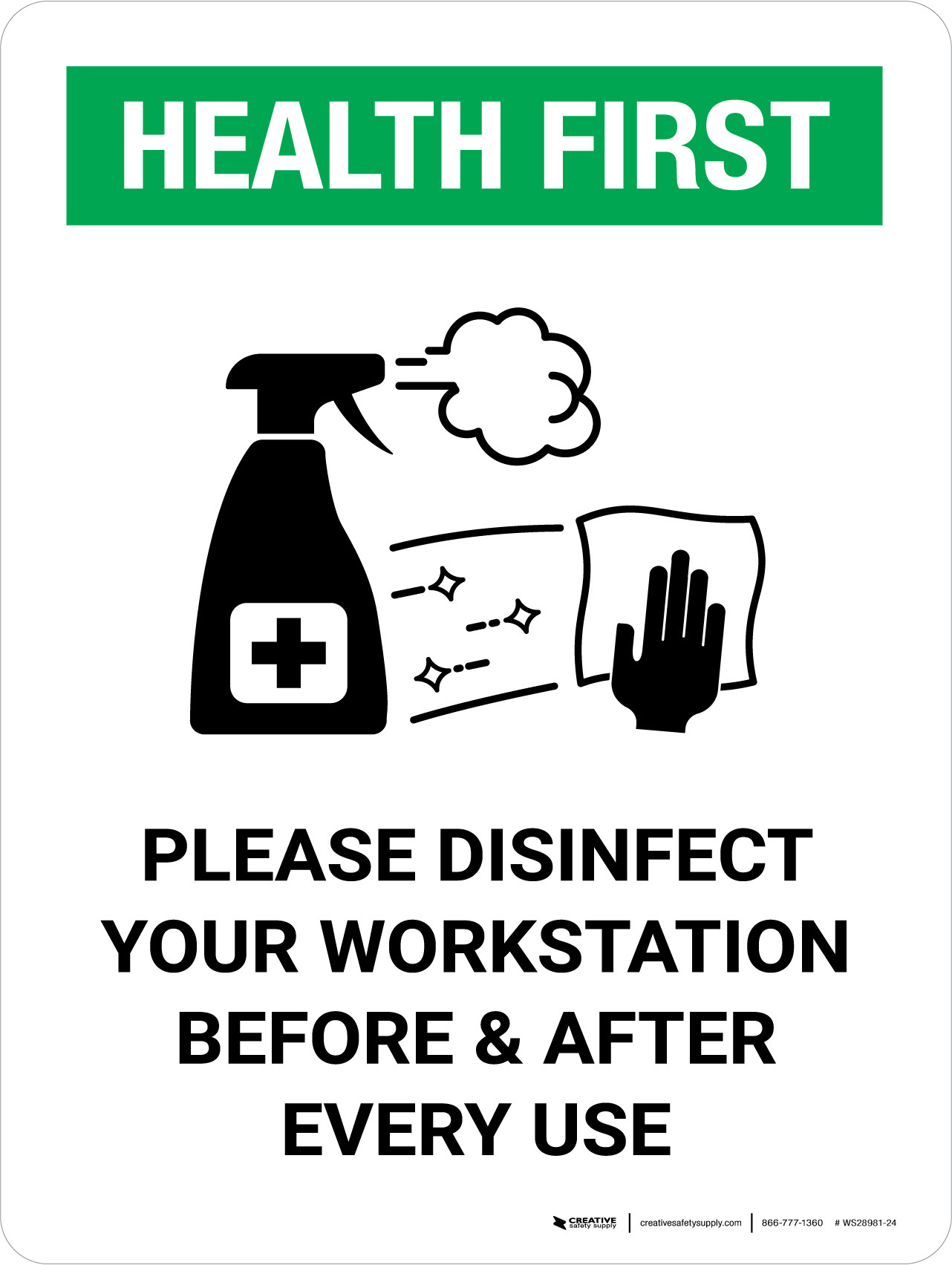 Health First: Please Disinfect Workstation with Icon Portrait - Wall Sign