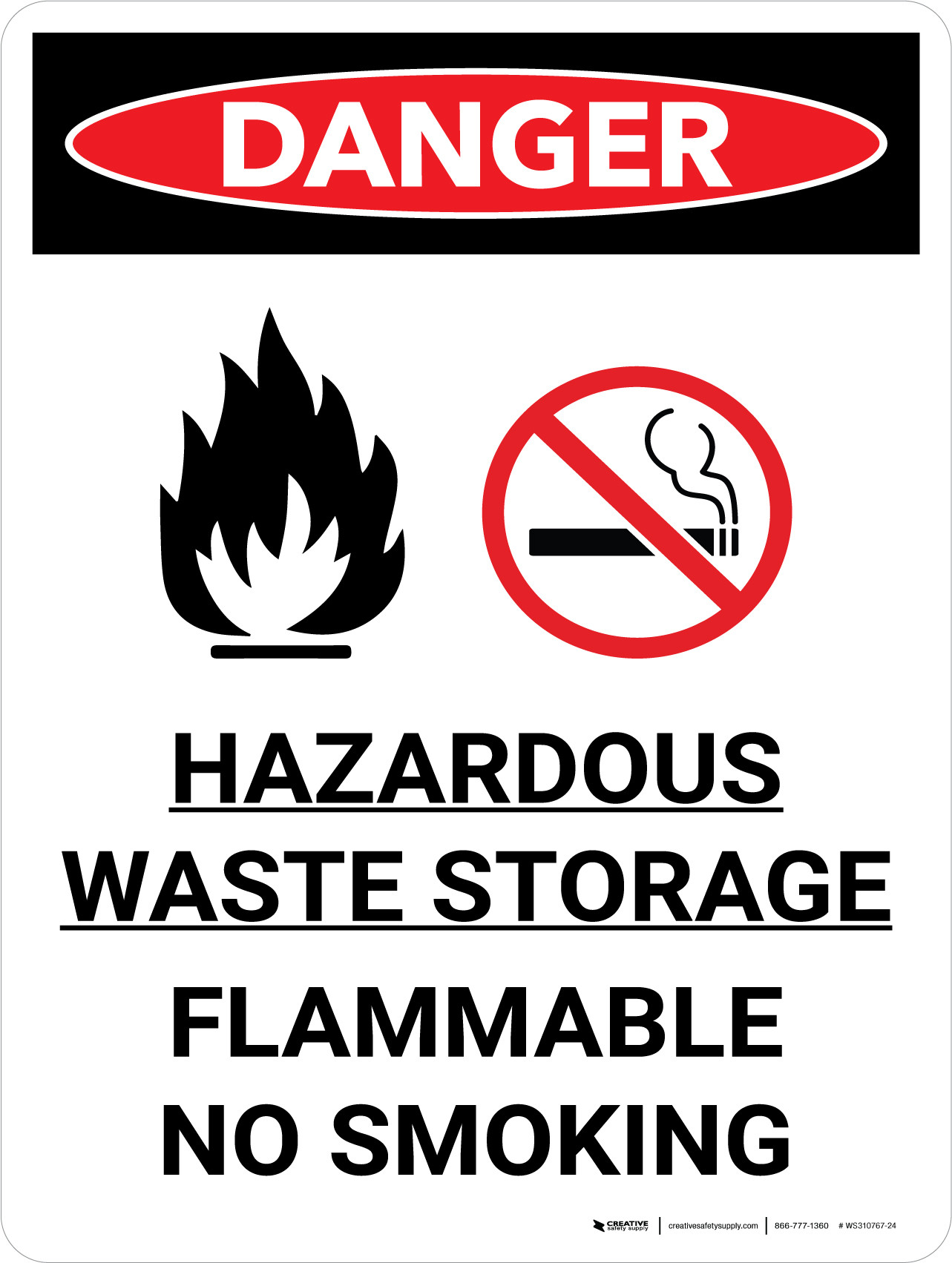 Danger: Hazardous Waste Storage Flammable No Smoking Portrait with Icon ...