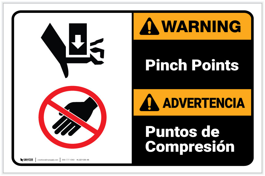 Warning: Pinch Points Bilingual Spanish with Icons Landscape - Label
