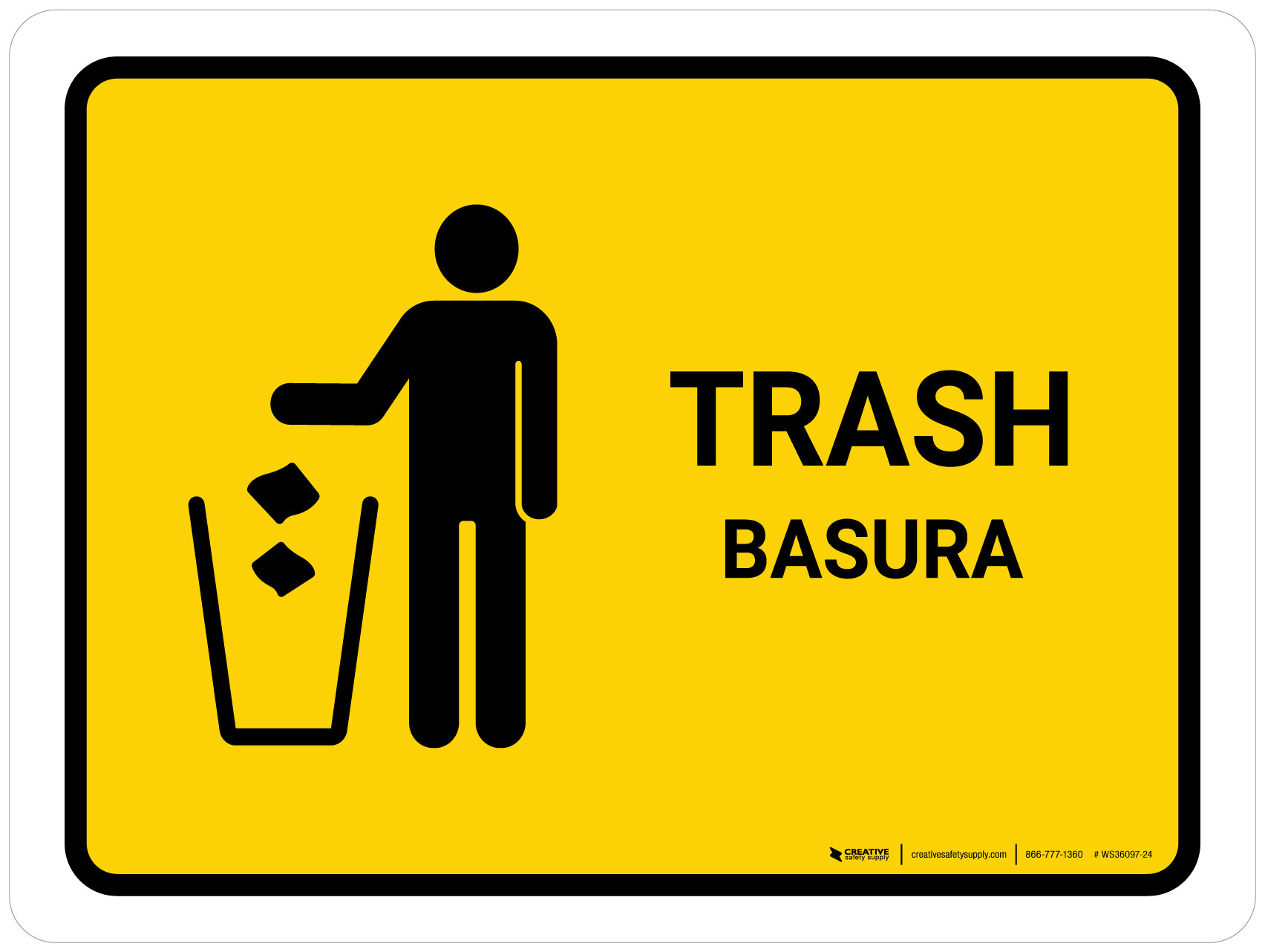 Trash Yellow Bilingual Landscape - Wall Sign | Creative Safety Supply