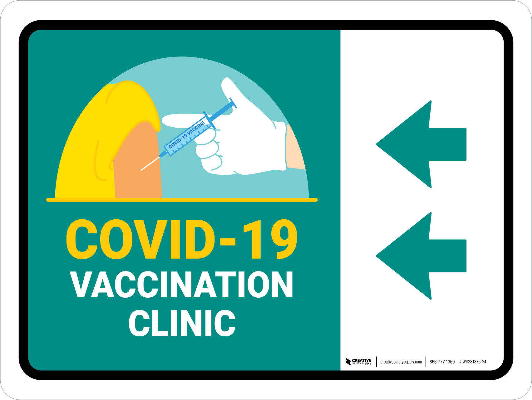 Covid-19 Vaccination Clinic Left Arrow Green Landscape - Wall Sign