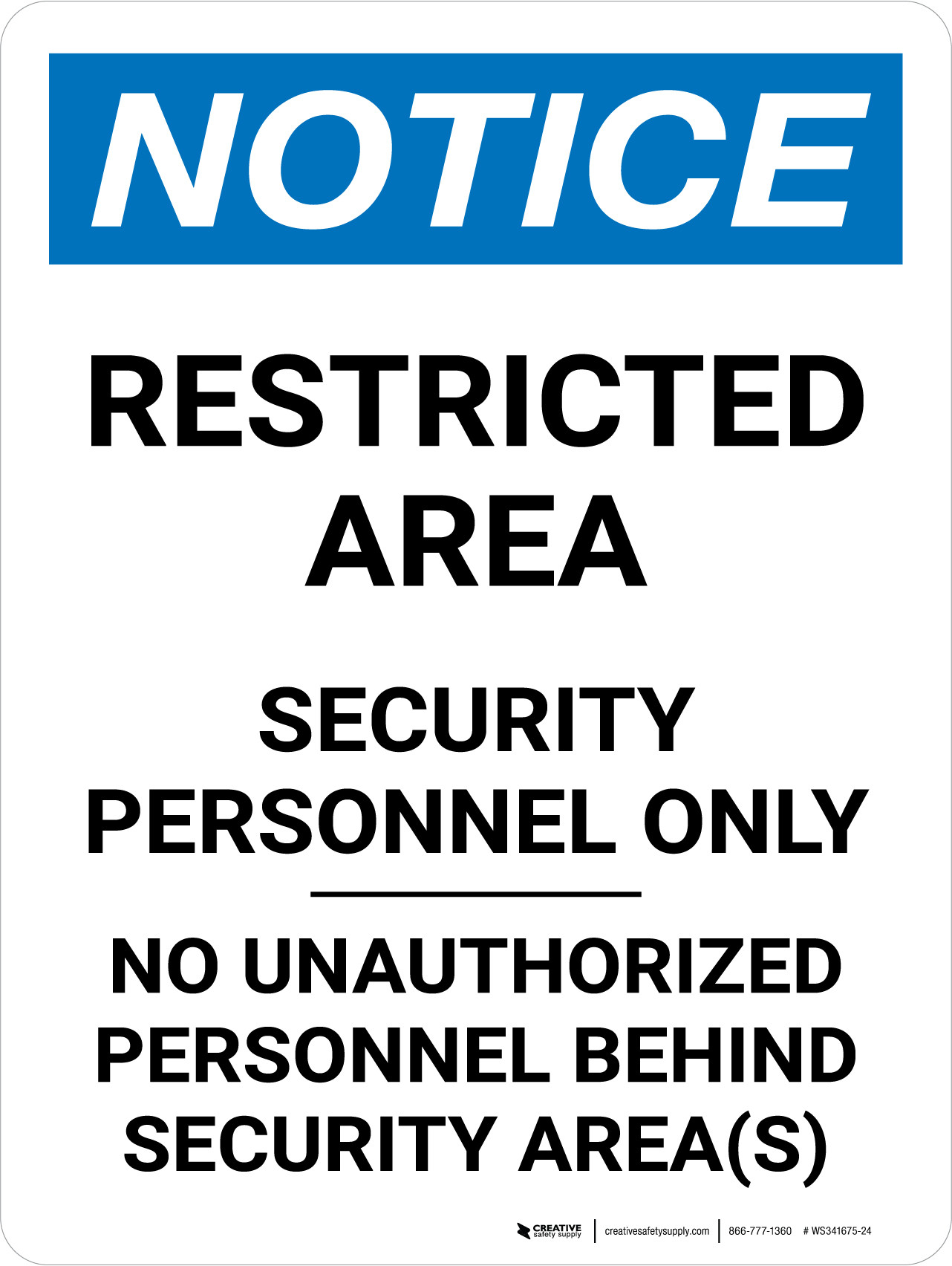 Notice: Restricted Area Security Personnel Only Portrait - Wall Sign