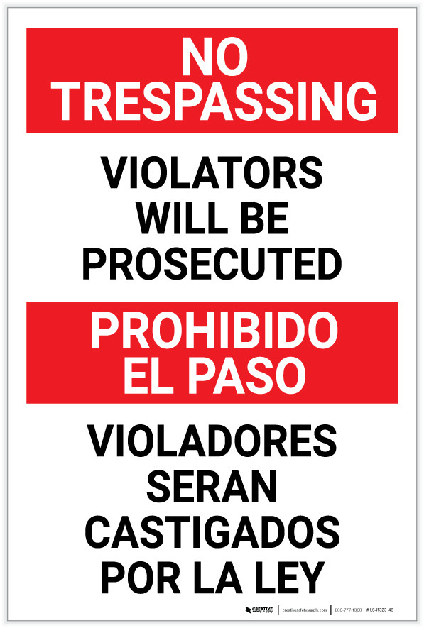 No Trespassing: Violators Will be Prosecuted Bilingual Spanish - Label ...
