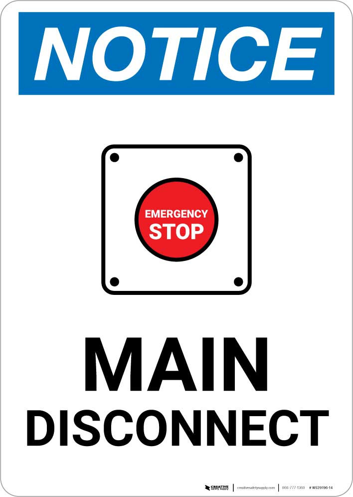 Notice: Main Disconnect Portrait with Emergency Stop Icon | Creative ...