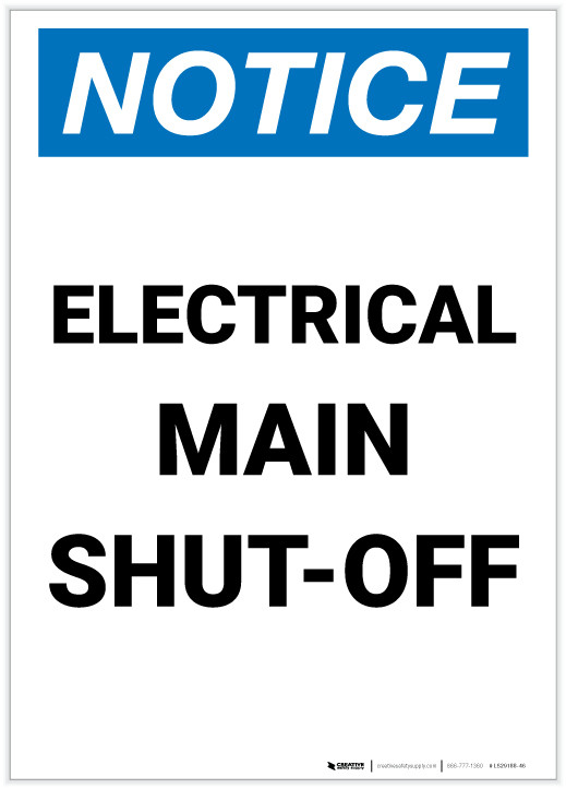 Notice: Electrical Main Shut-Off Portrait - Label | Creative Safety Supply