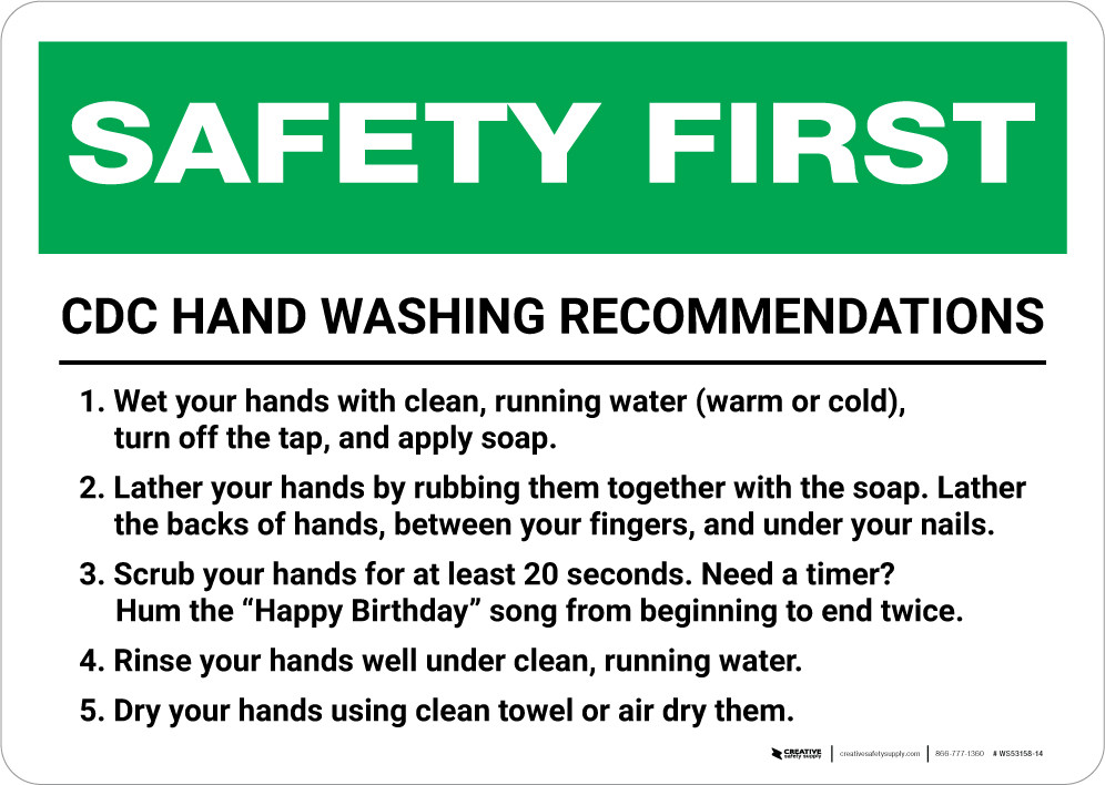 Safety First: CDC Hand Washing Recommendations Landscape - Wall Sign ...
