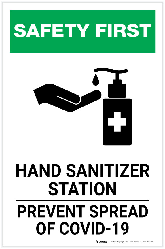 Safety First: Hand Sanitizer Station COVID-19 Portrait - Label