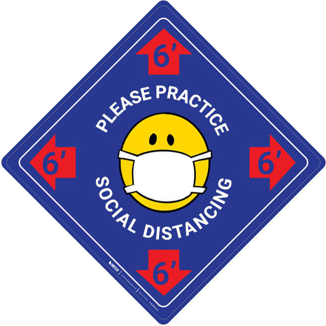 Please Practice Social Distancing with Facemask Emoji - Blue - Floor Sign