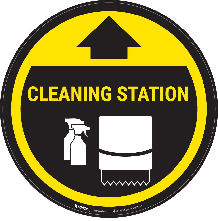 Cleaning Station Arrow With Icon Yellow - Circular - Floor Sign