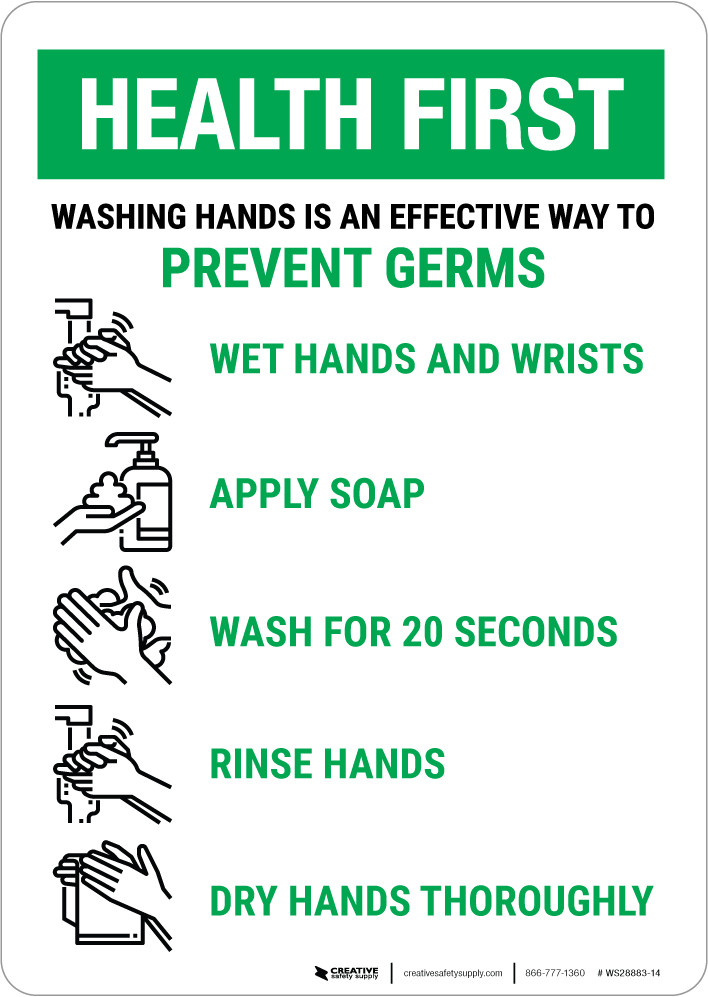 Health First: Prevent Germs How To Wash Hands Portrait - Wall Sign
