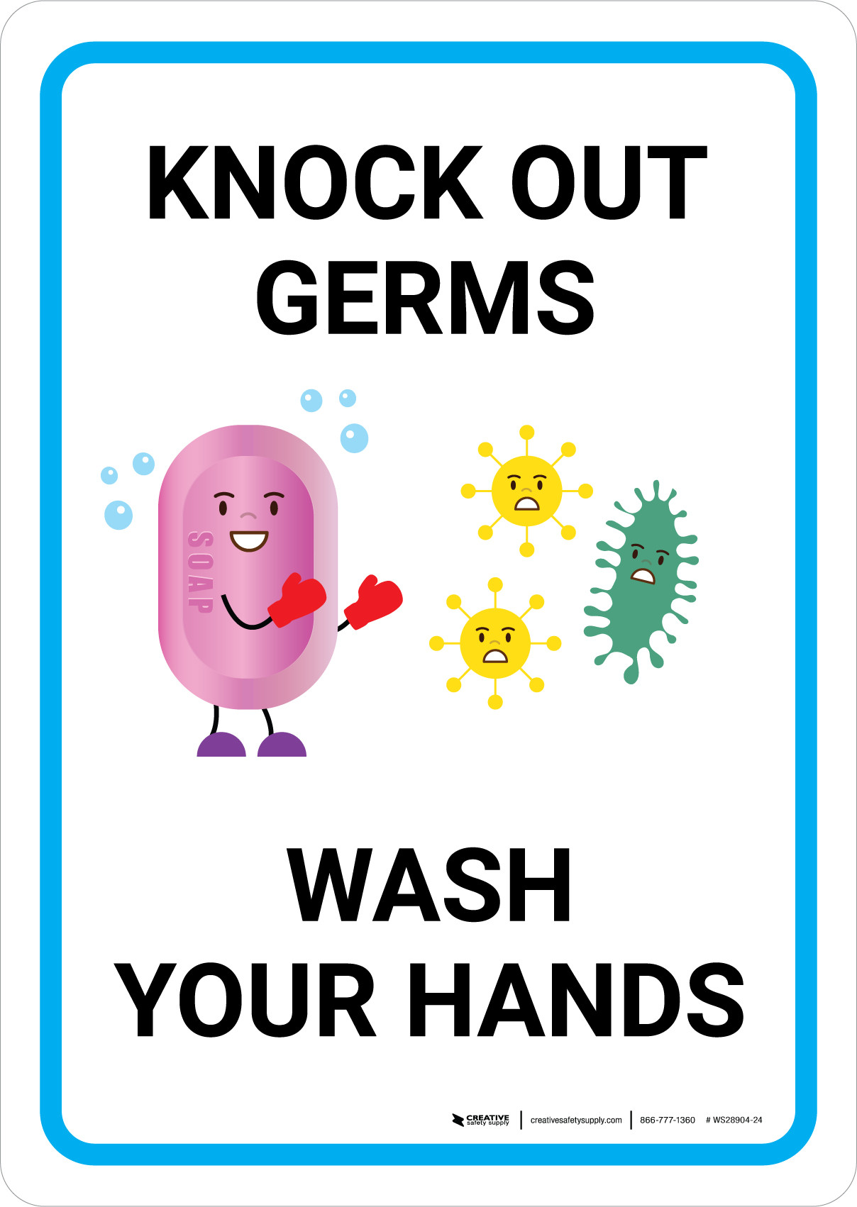 Knock Out Germs Wash Your Hands with Icon Portrait - Wall Sign