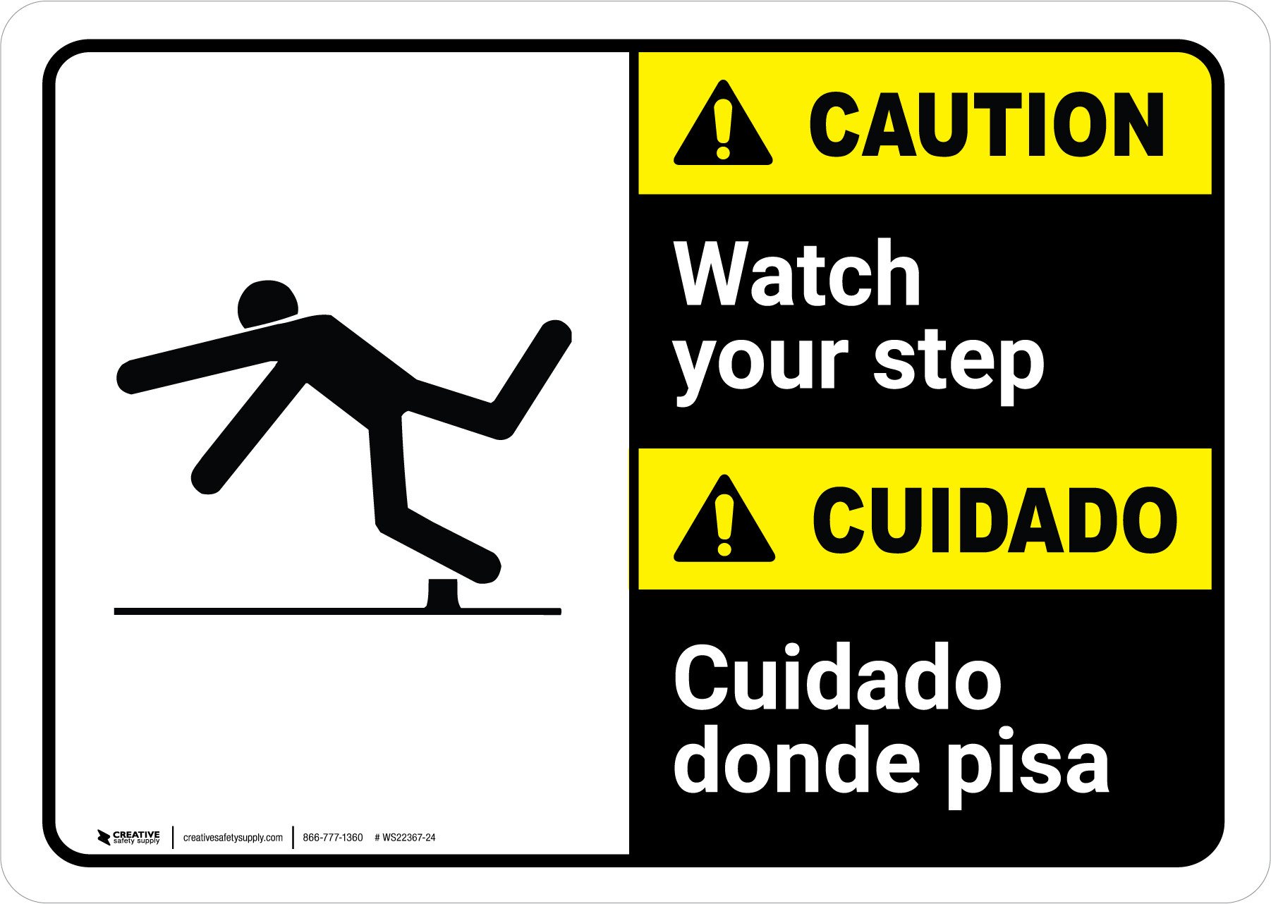 Caution: Watch Your Step Bilingual with Icon ANSI Landscape - Wall Sign