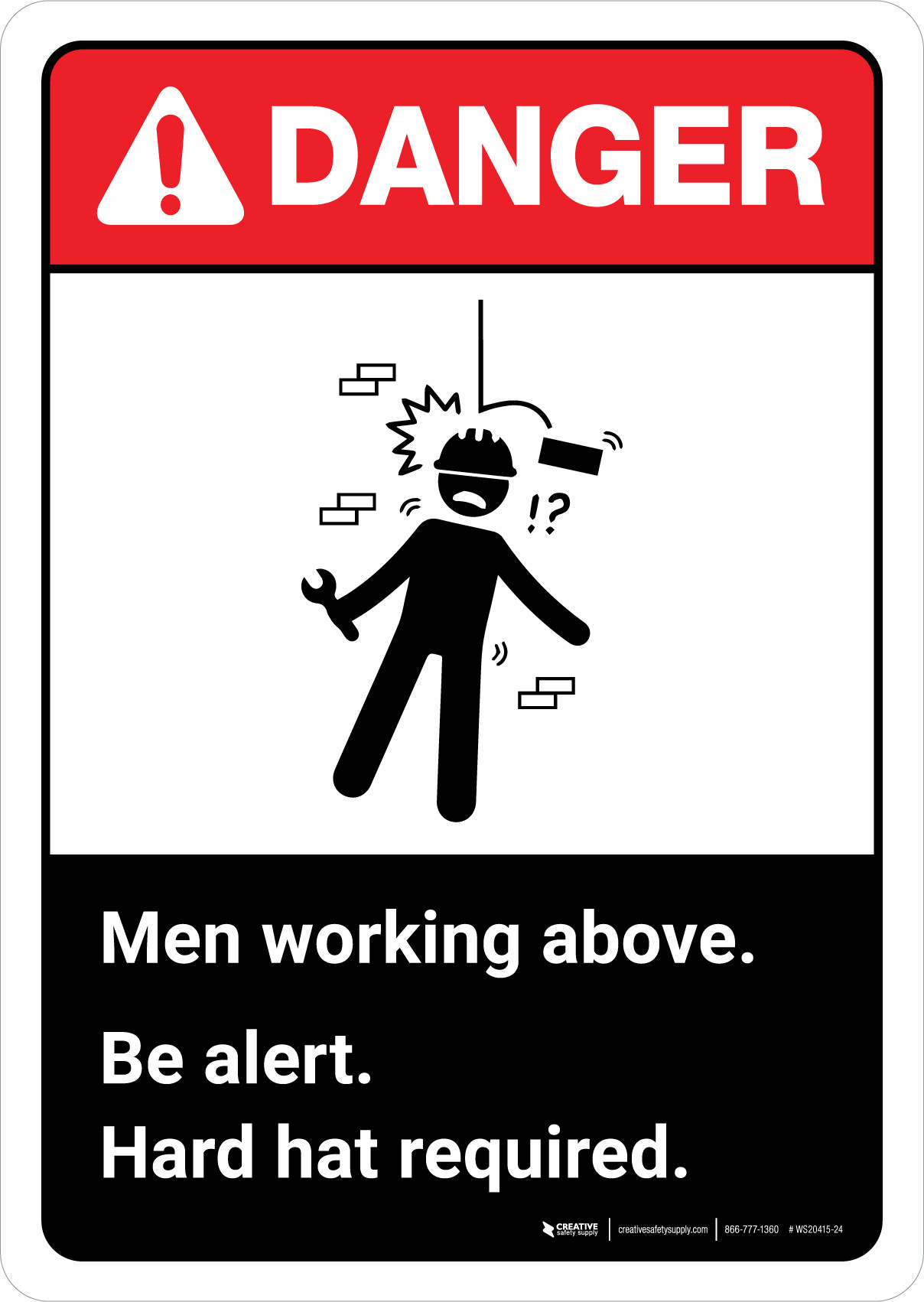 Danger: Men Working Above Hard Hat Required with Icon ANSI Portrait ...