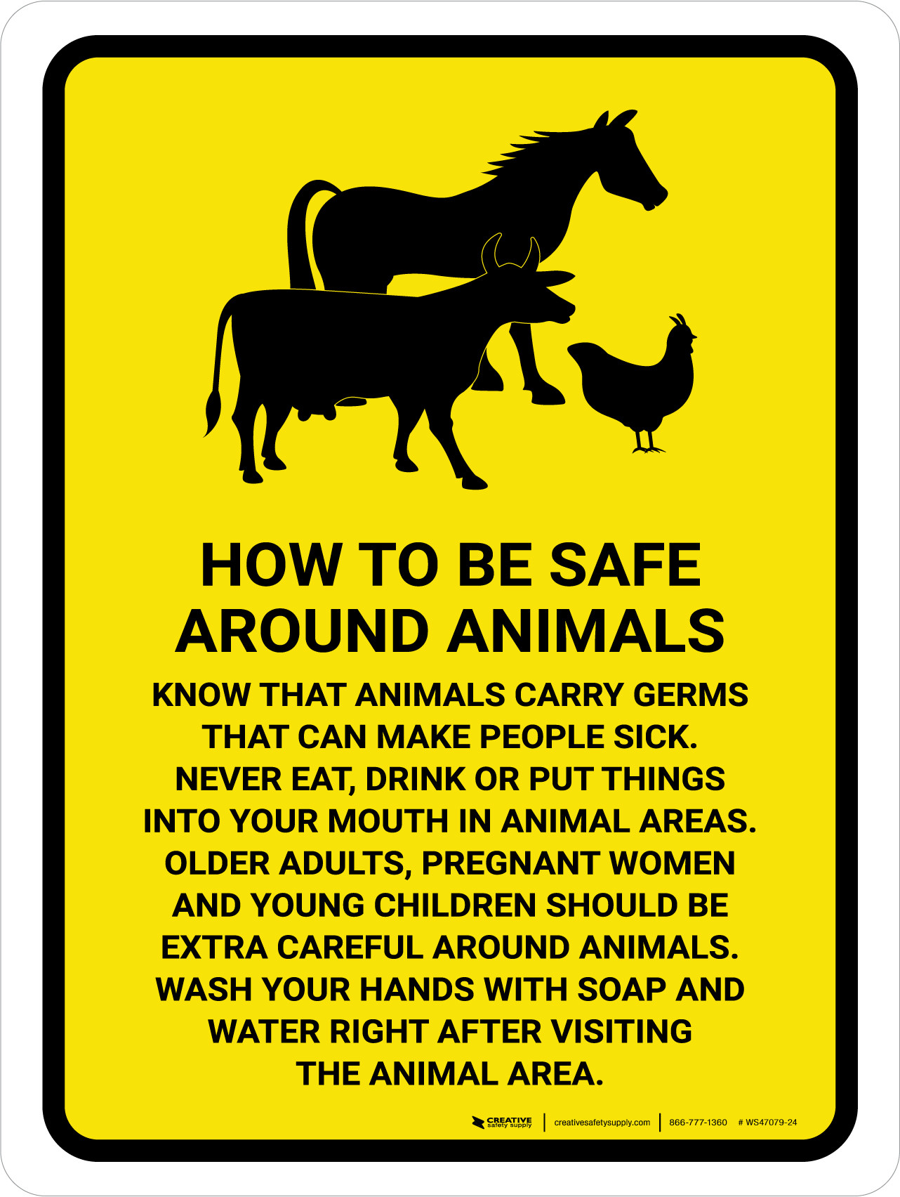 How To Be Safe Around Animals Sign Yellow Portrait - Wall Sign