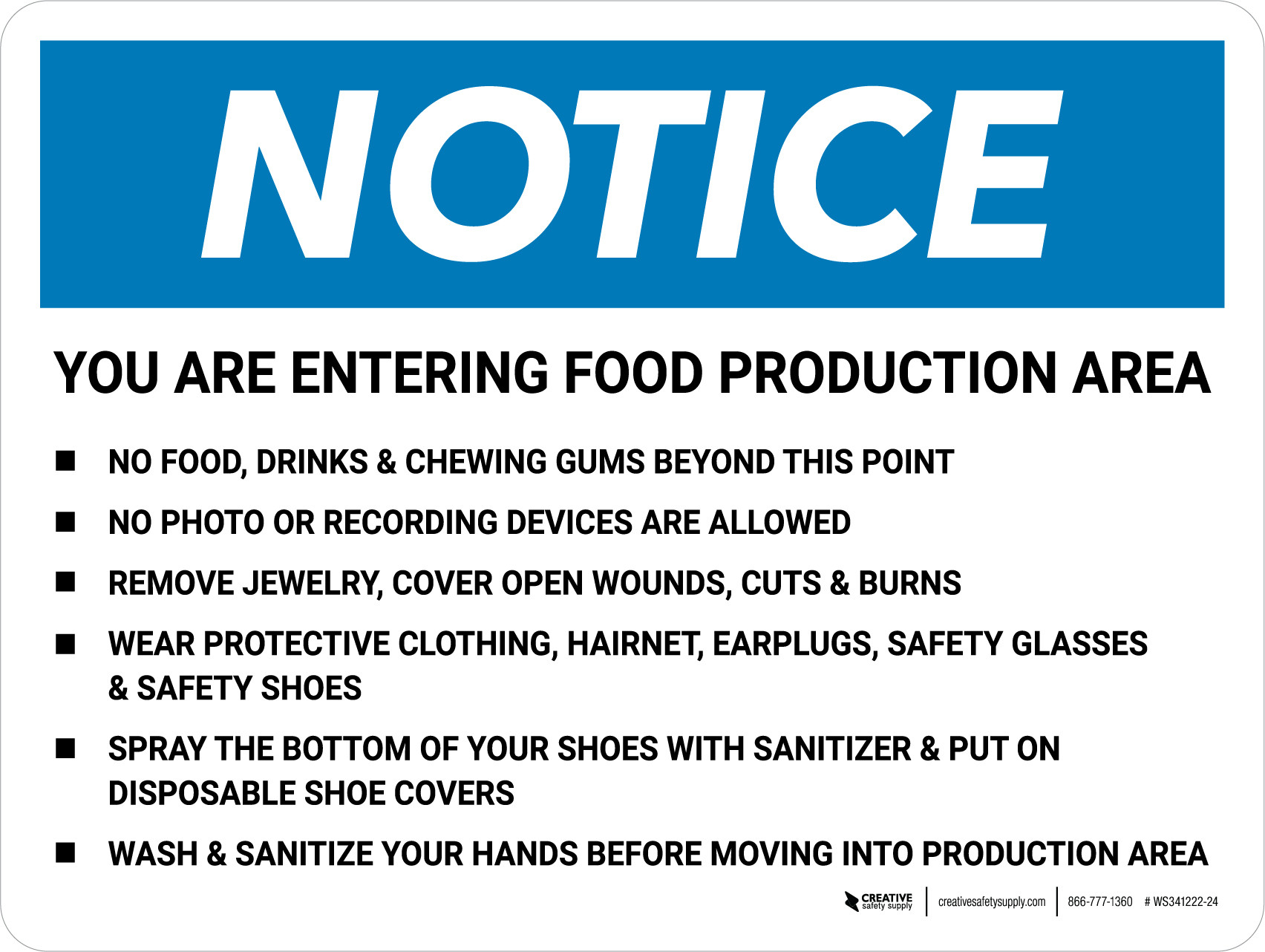 Notice: Food Production Area Bulleted List Landscape - Wall Sign