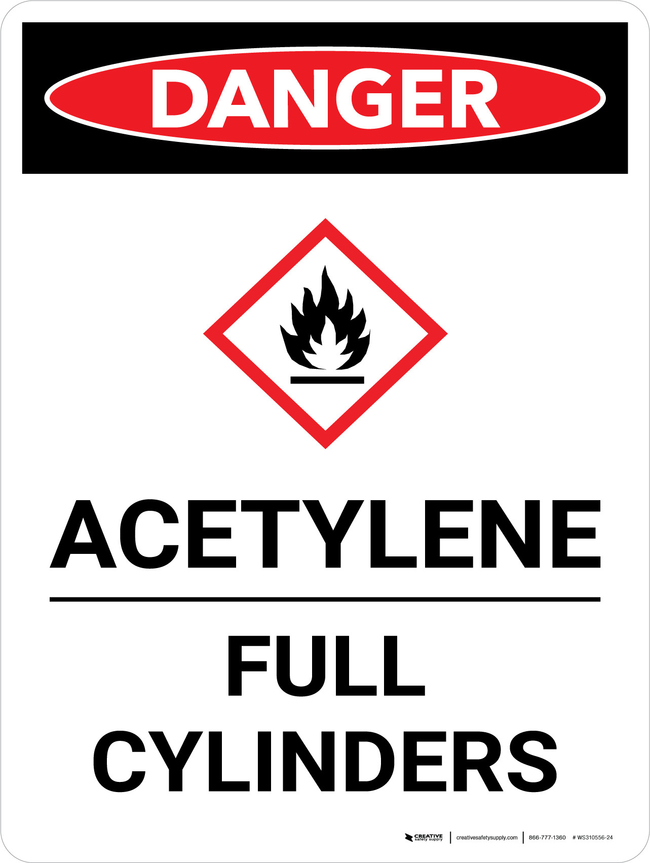 Danger: Acetylene Full Cylinders Portrait with Icon - Wall Sign