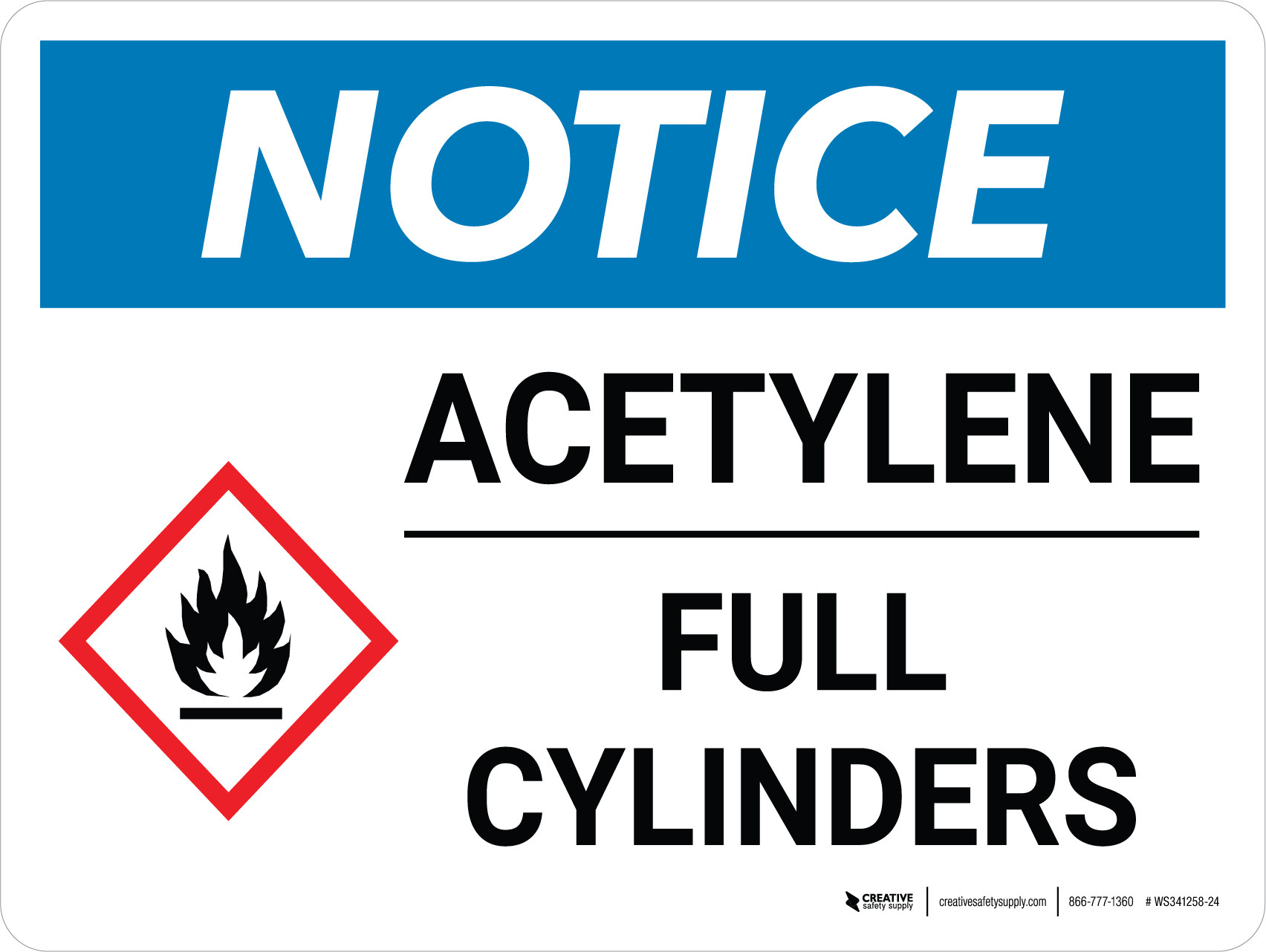 Notice: Acetylene Full Cylinders Landscape with Icon - Wall Sign