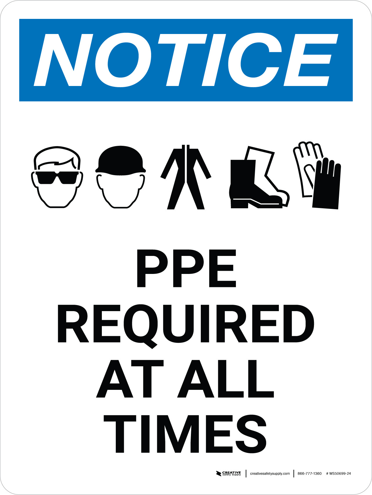 Notice: PPE Required At All Times Portrait with Icon - Wall Sign