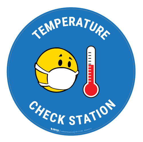 Temperature Check Station with Facemask Emoji - Blue - Carpet Sign