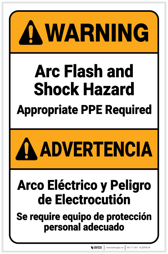 Warning: Arc Flash Shock Hazard PPE Required Bilingual Spanish ANSI ...