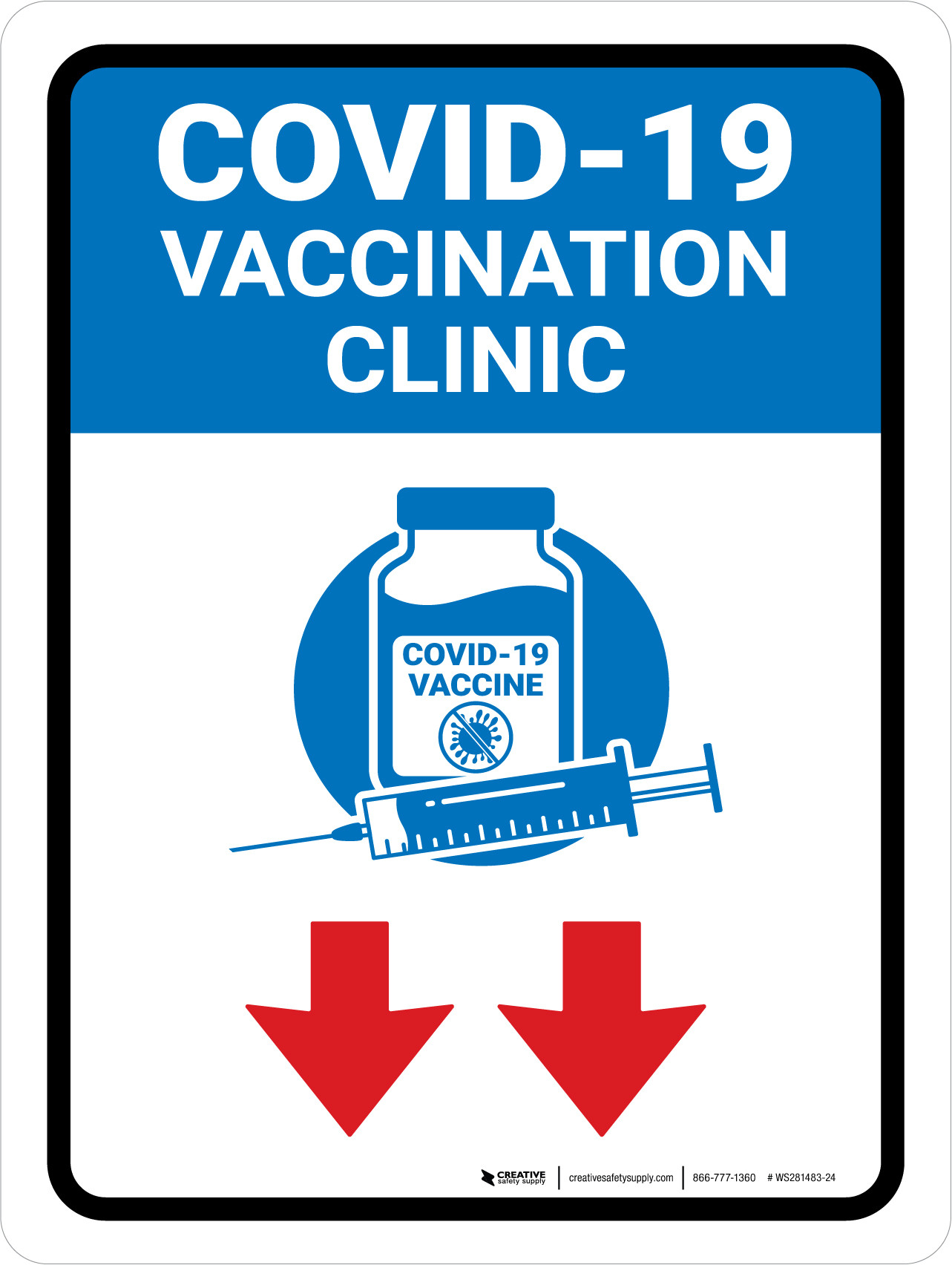 Covid-19 Vaccination Clinic Down Arrow Blue Portrait - Wall Sign ...