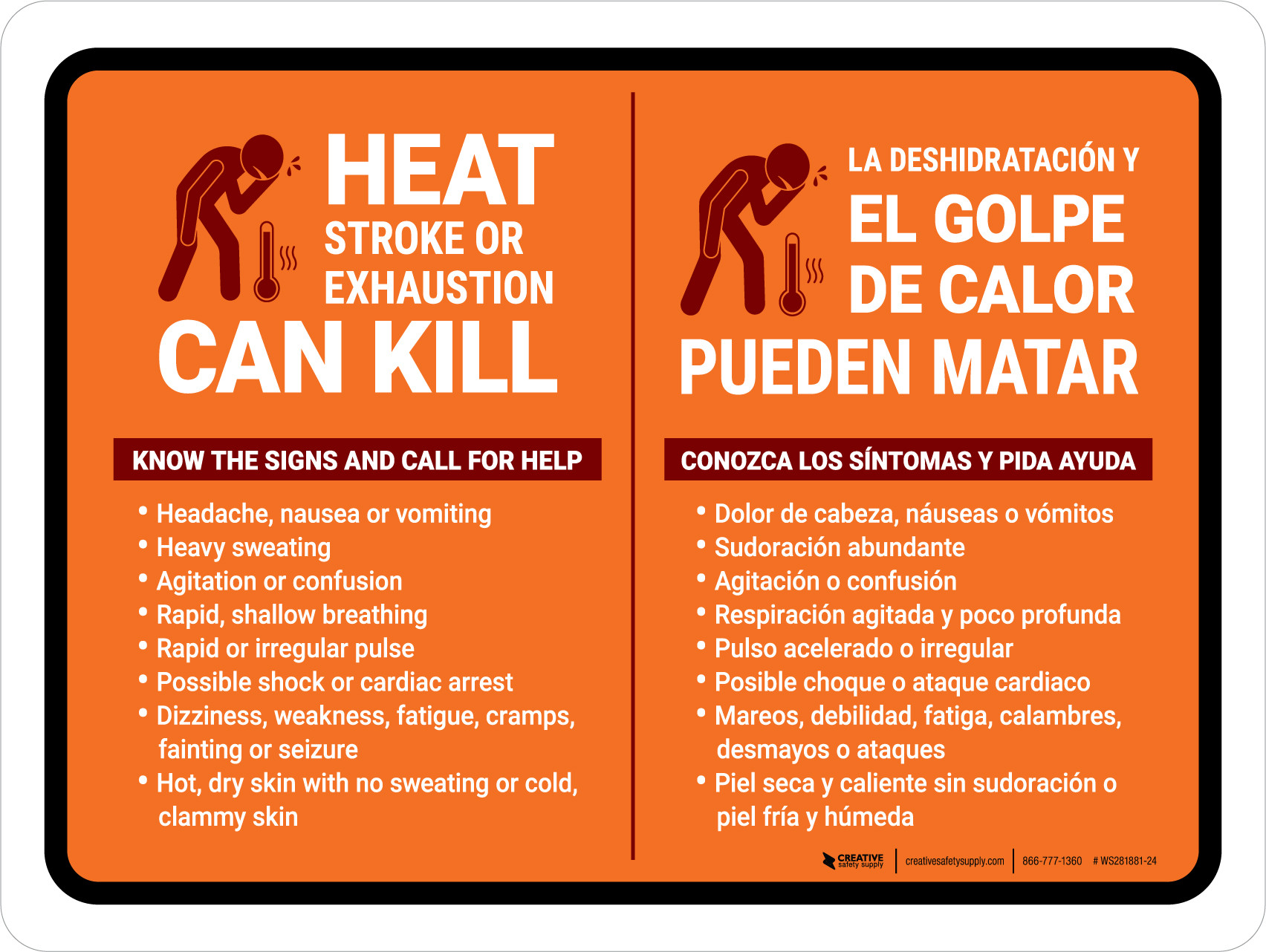 Bilingual Heat Stroke Or Exhaustion Can Kill Landscape - Wall Sign