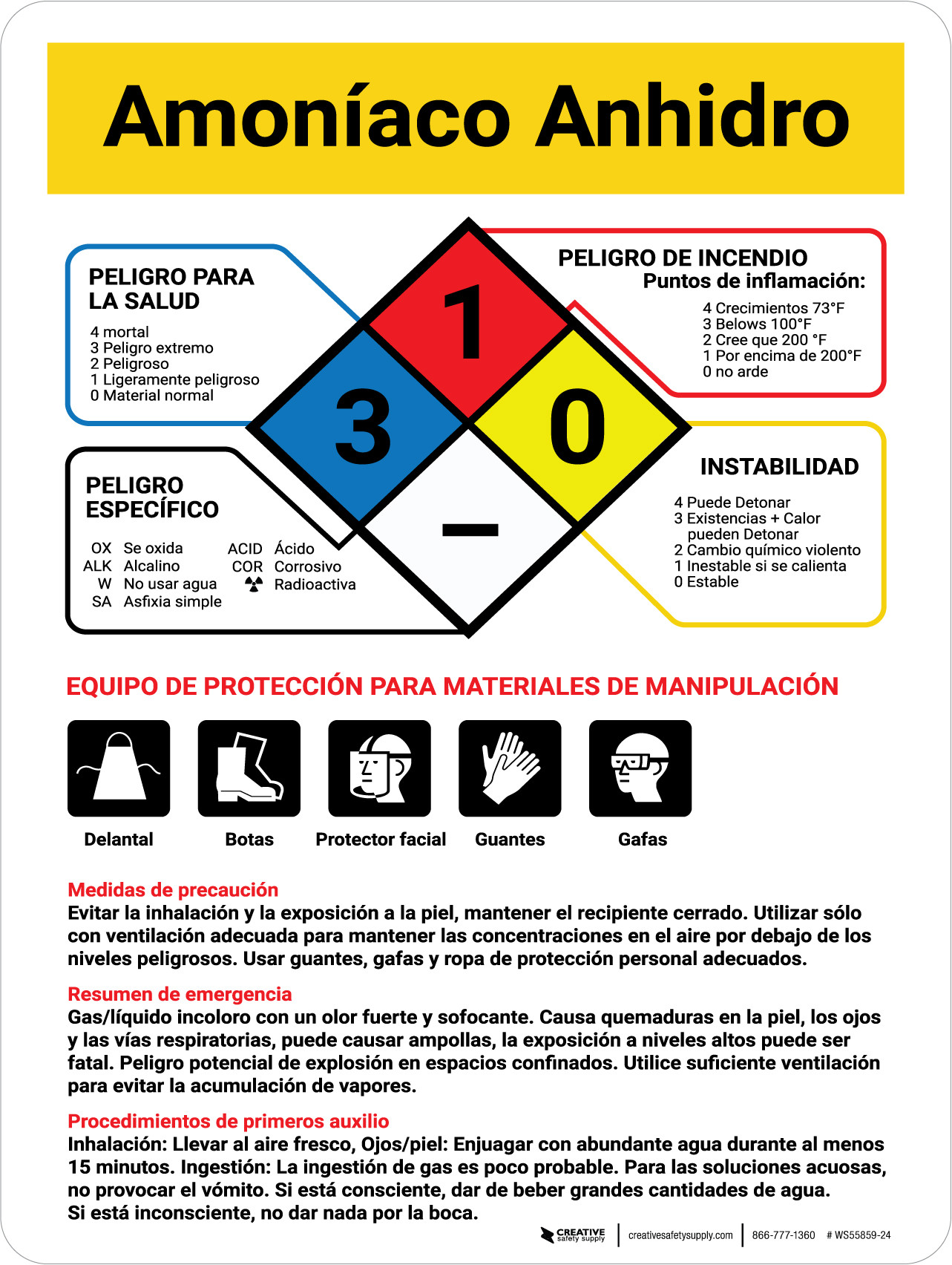 Peligros De Amoníaco Anhidro Con Diamante Nfpa Vertical Wall Sign