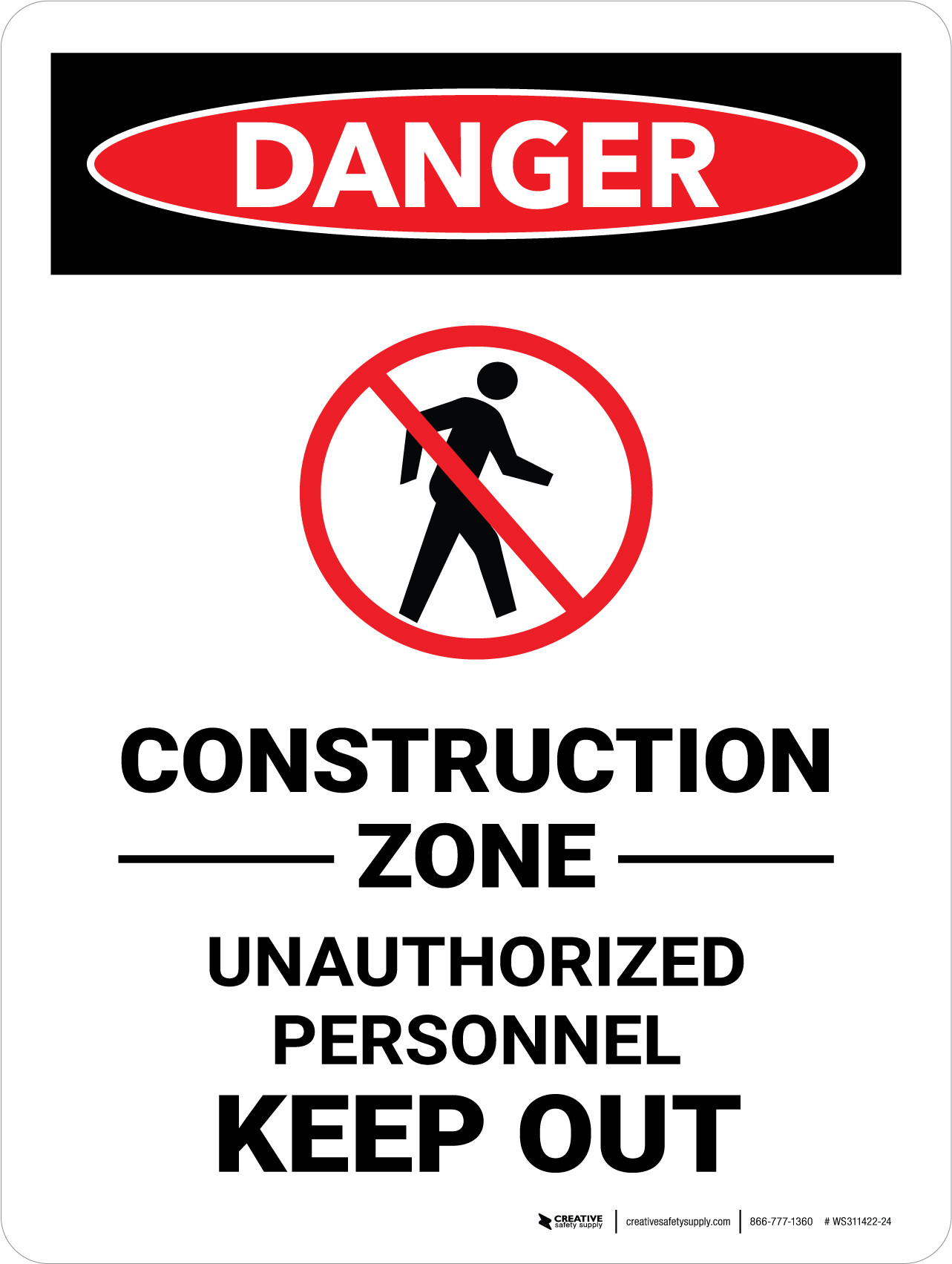 Danger: Construction Zone Unauthorized with Icon Portrait - Wall Sign