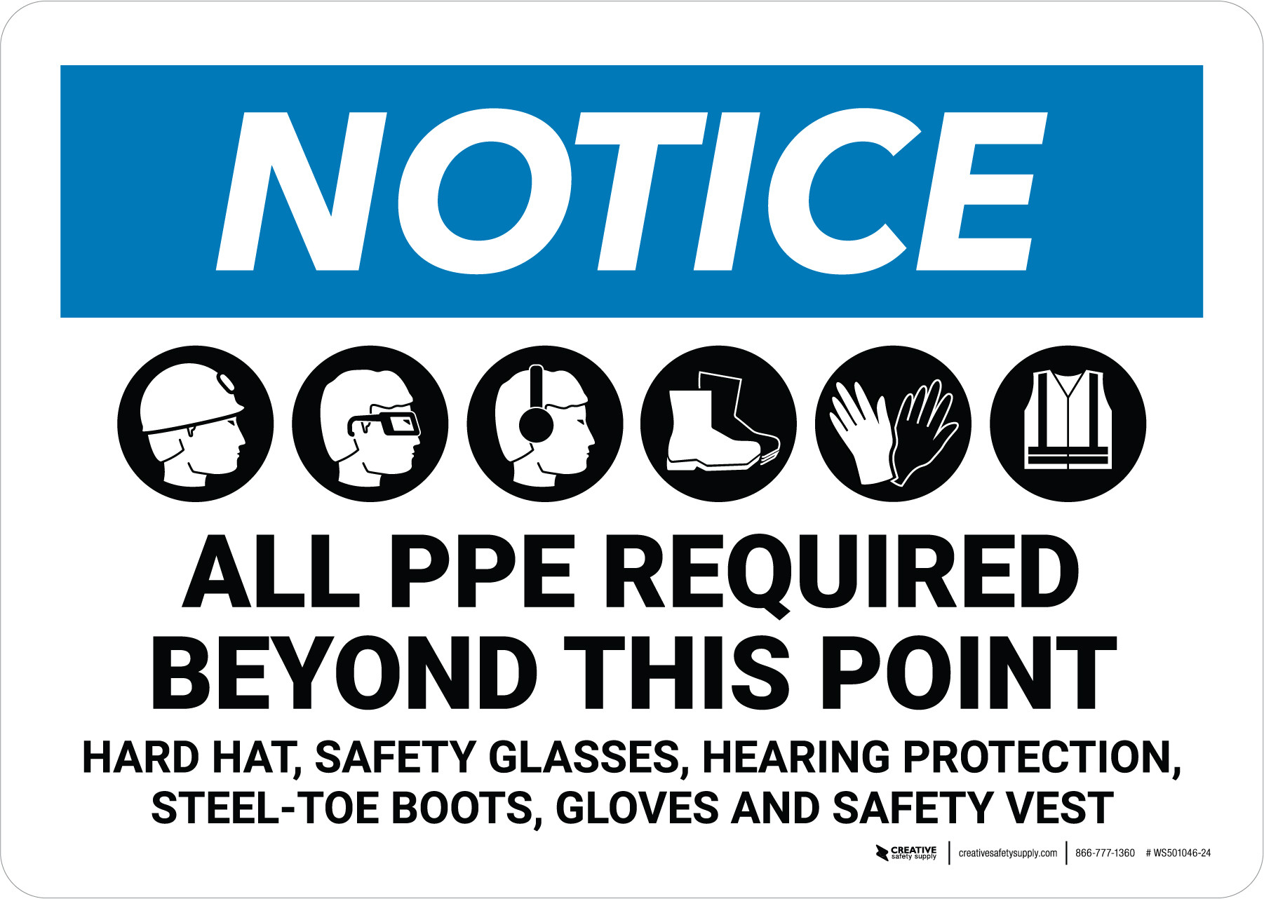 Notice: All PPE Required Beyond This Point with Icons Landscape - Wall Sign