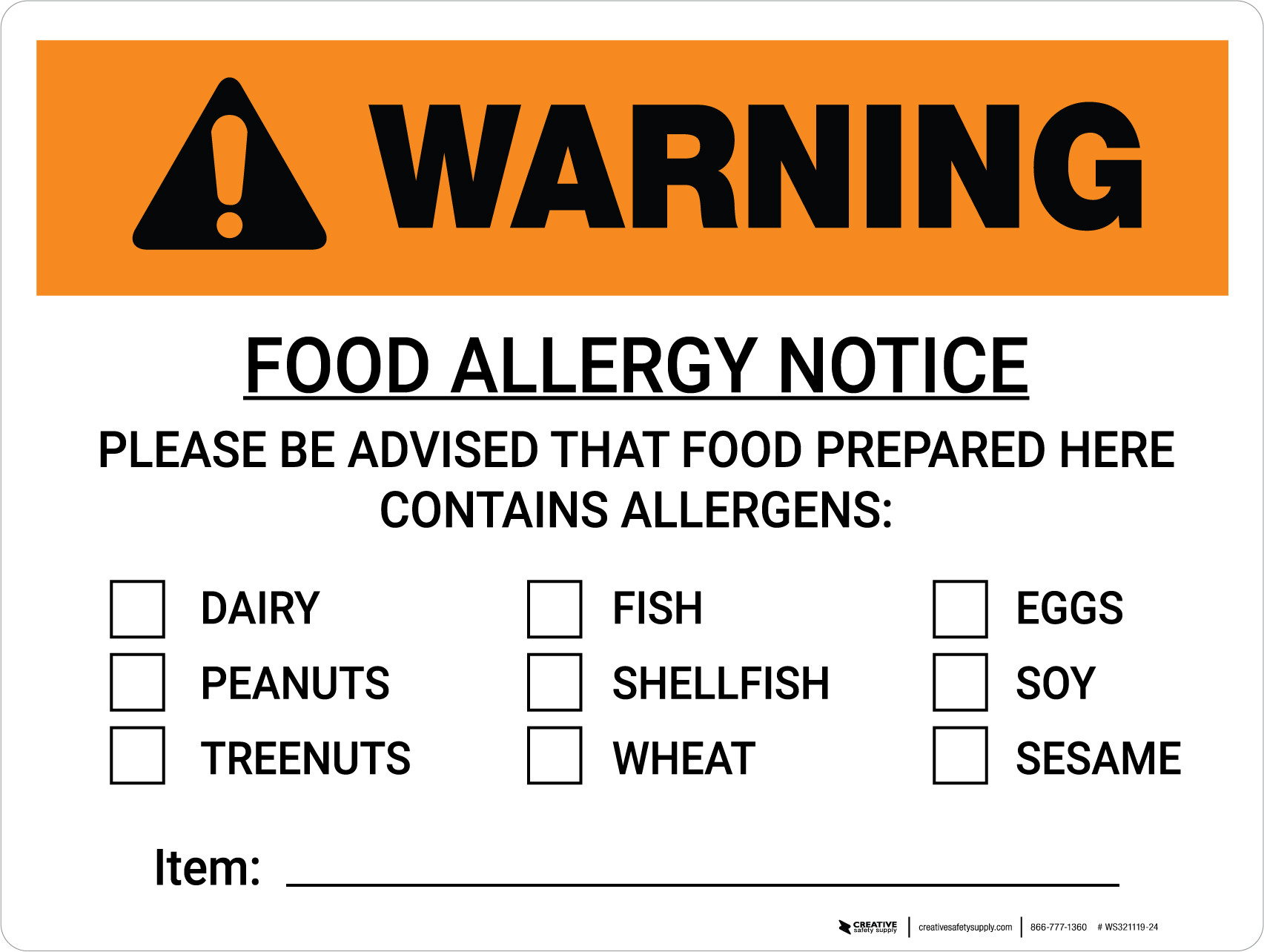 Warning: Food Allergy Notice - Food Prepared Here Contains Allergens ...