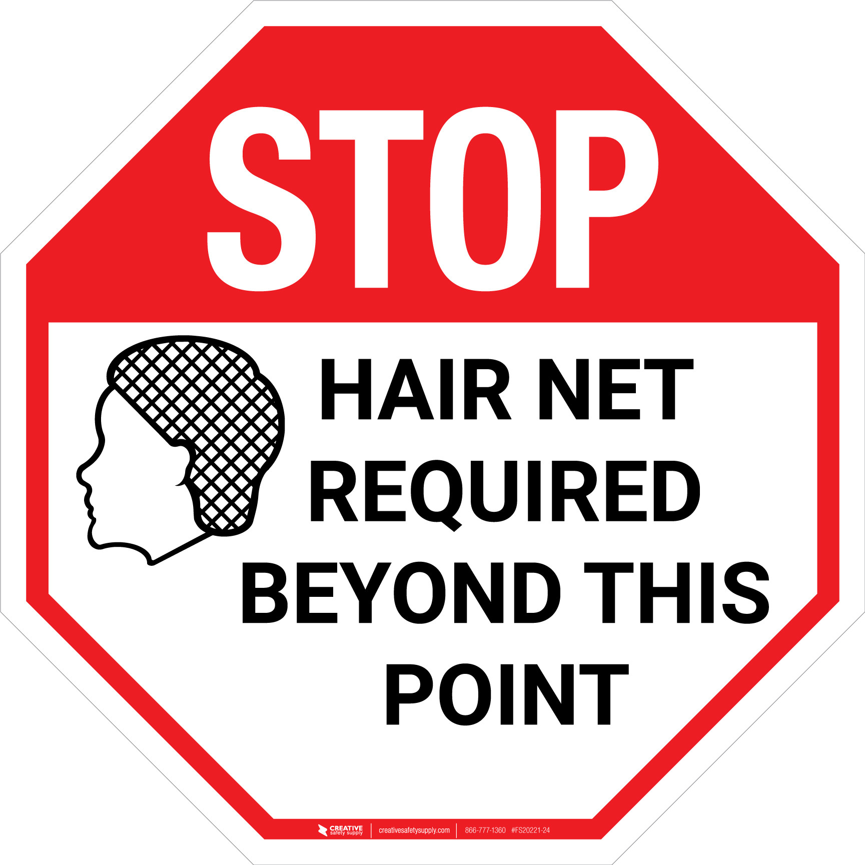 STOP: Hair Net Required Beyond This Point with Icon Stop Sign - Floor Sign