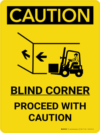 Caution: Blind Corner Portrait with Icons - Wall Sign
